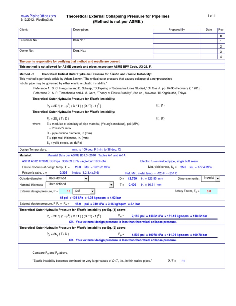 Theoretical External Collapsing Pressure For Pipelines (Method Is Not ...