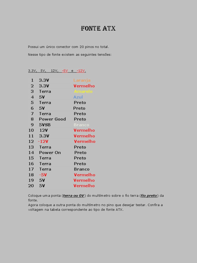 Fonte ATX Cores e Voltagens | PDF