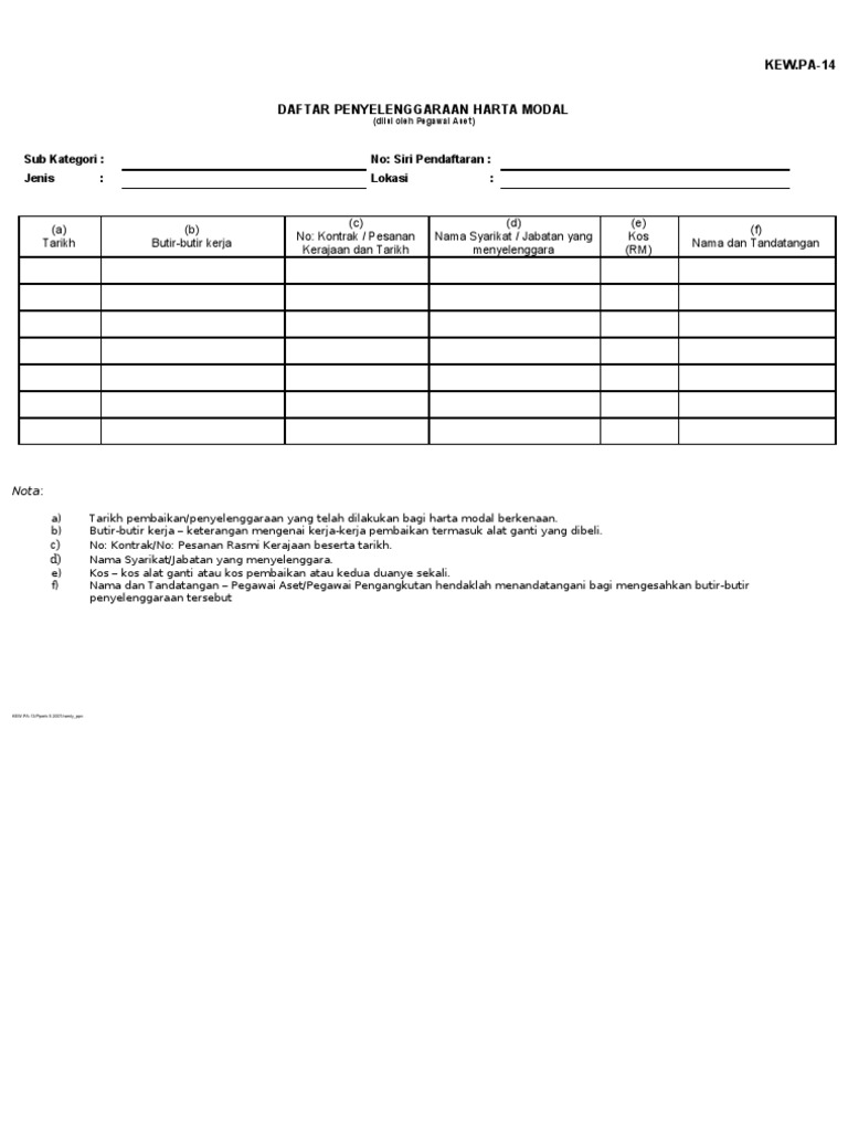 KEW.pa-14 -Daftar Penyelenggaraan Harta Modal