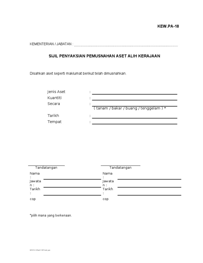 KEW - Pa-18 - Sijil Penyaksian Pemusnahan | PDF