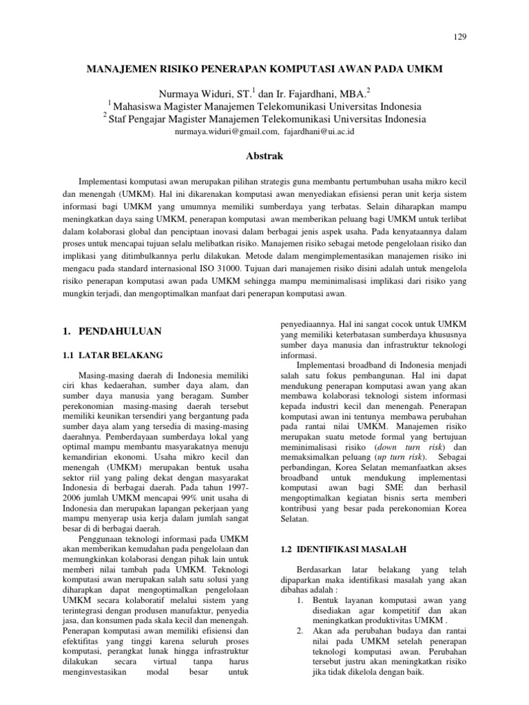 Manajemen Risiko Penerapan Komputasi Awan Pada Umkm | PDF