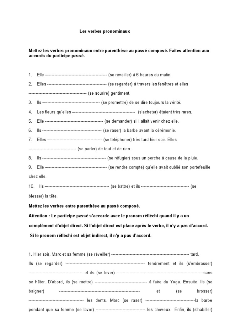 verbes pronominaux exercices | Langues