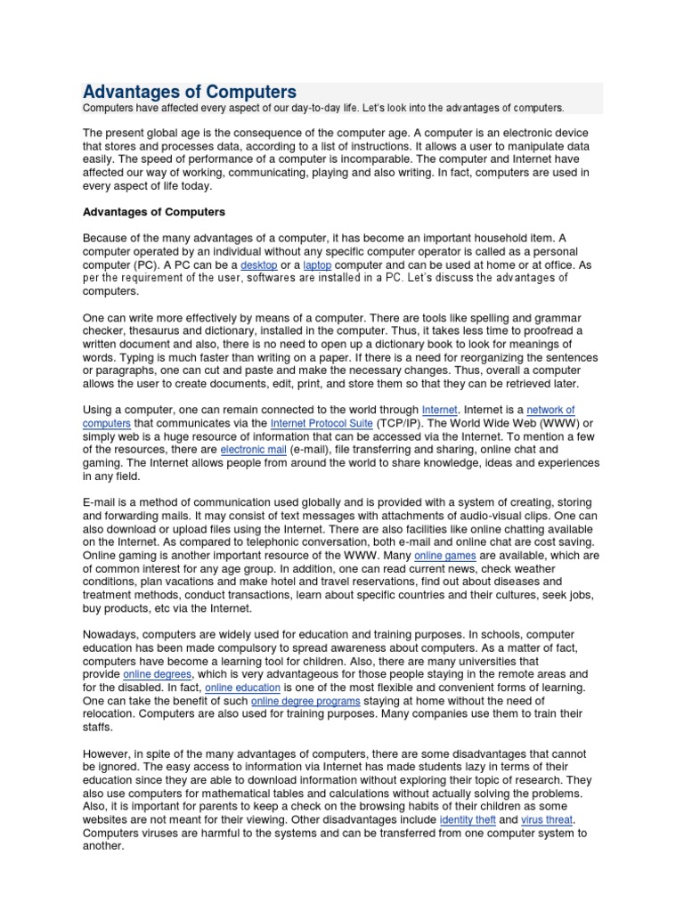 Advantages of Computers | Download Free PDF | Internet | Personal Computers