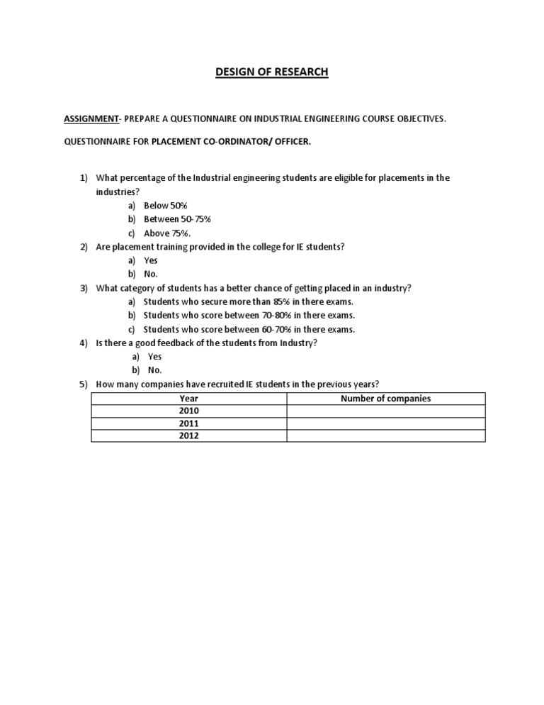 Design of Research: Assignment-Prepare A Questionnaire On Industrial ...