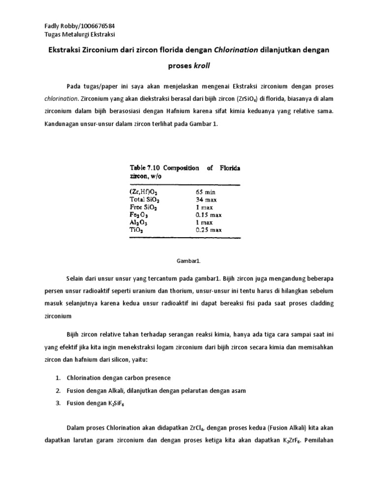 Ekstraksi Zirconium dari Zircon melalui Proses Chlorination dan Kroll | PDF
