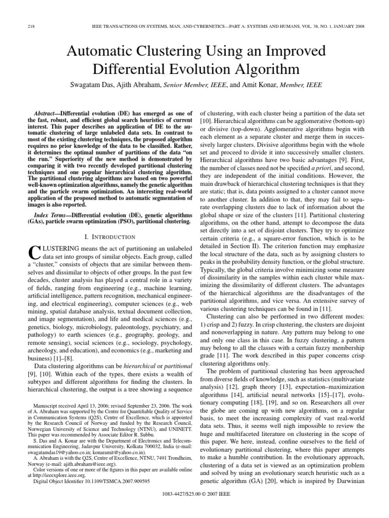 Automatic Clustering Using An Improved Differential Evolution Algorithm | PDF | Cluster Analysis ...