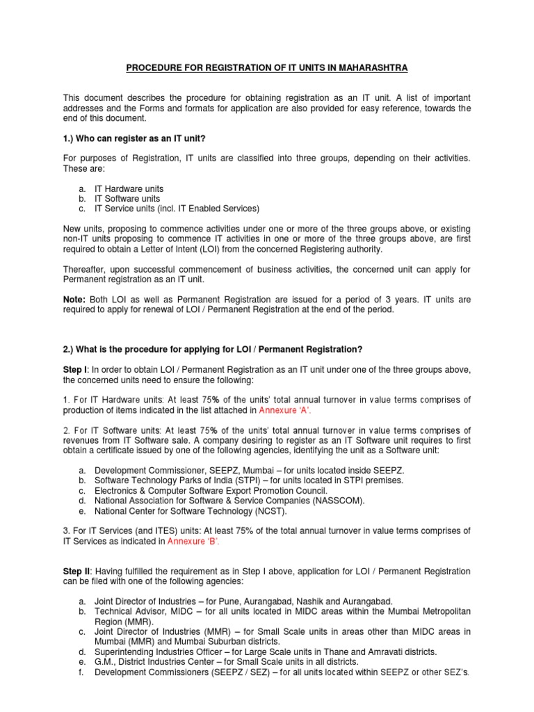 Procedure For Registration of IT Units in Maharashtra | PDF | Resistor ...