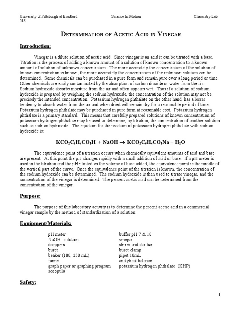 Acetic Acid Concentration in Vinegar Lab | PDF | Ph | Titration