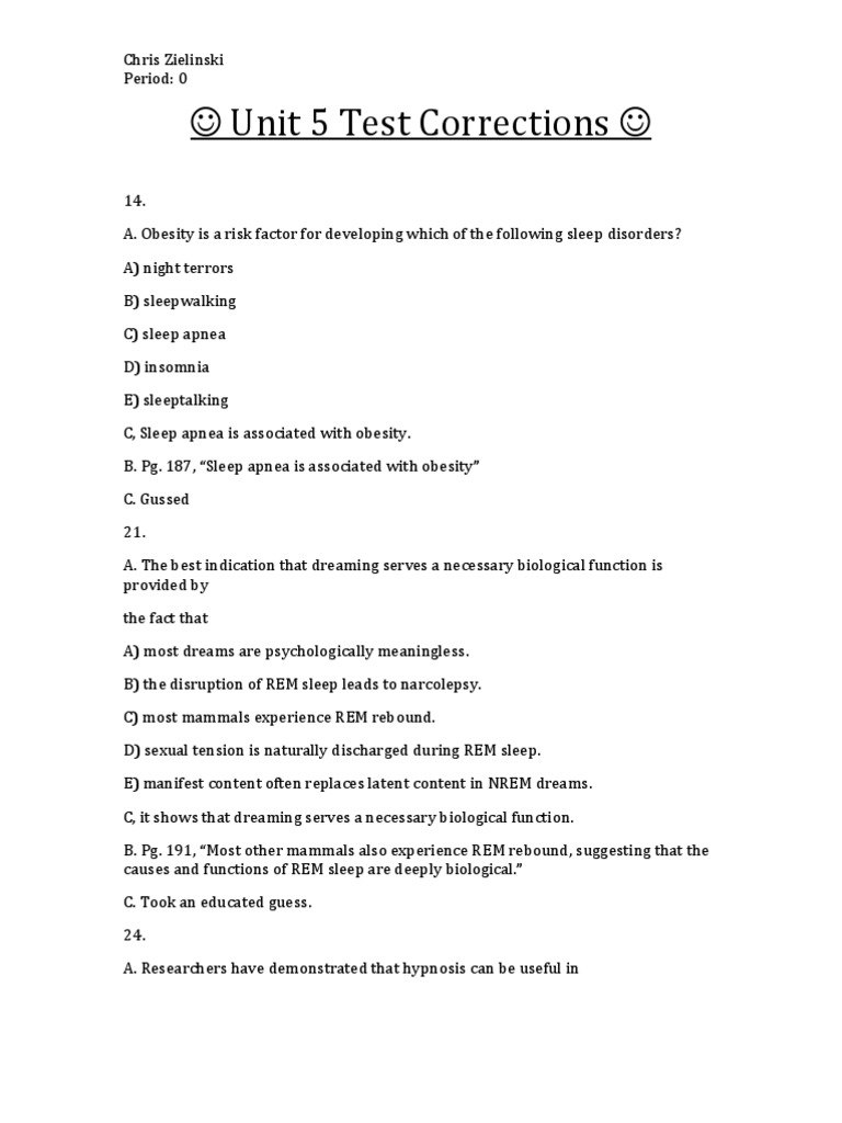 Myers Psychology AP Chapter Unit 5 Test Corrections | PDF ...