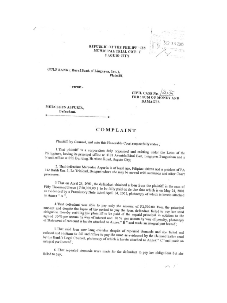Complaint For Collection of Sum of Money | PDF