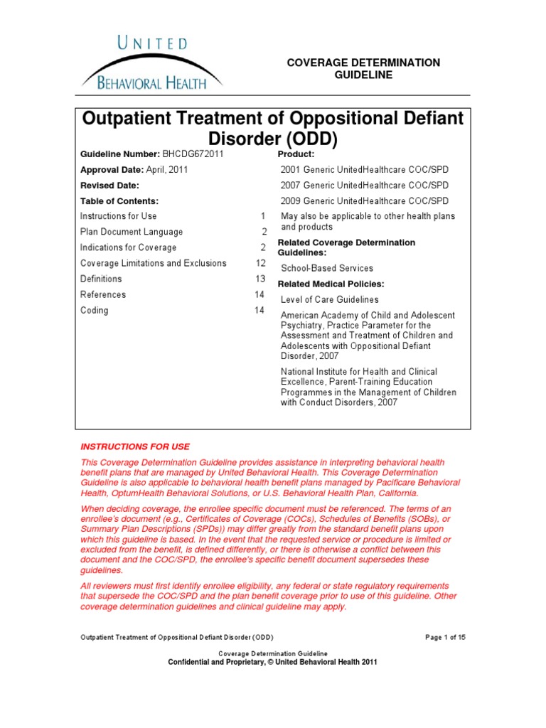 UBH Outpatient Treatment Oppositional Defiant Disorder PDF | PDF ...