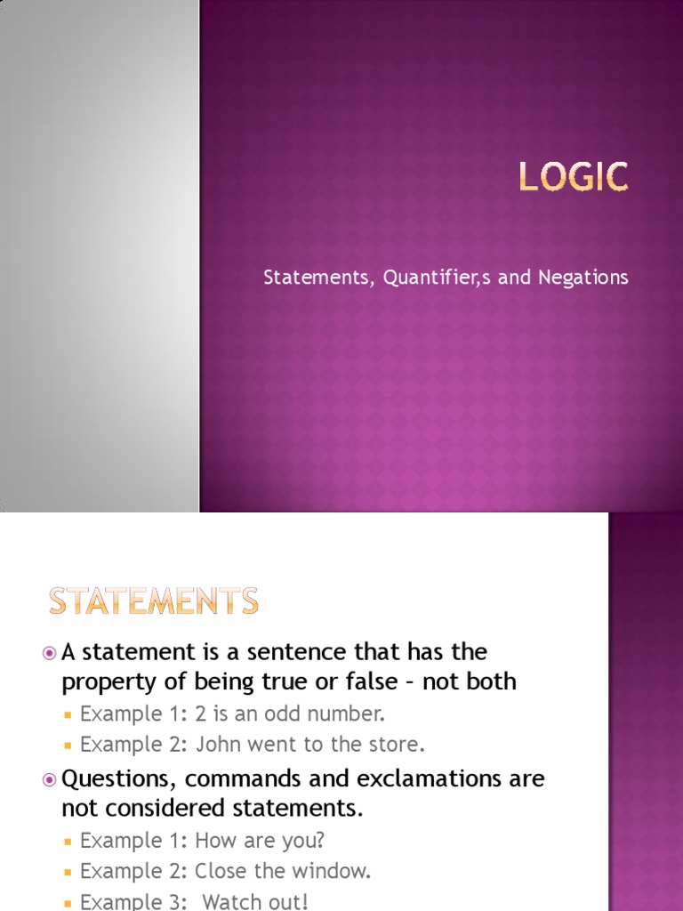Statements, Quantifier, S and Negations | PDF | Logical Expressions | Linguistics