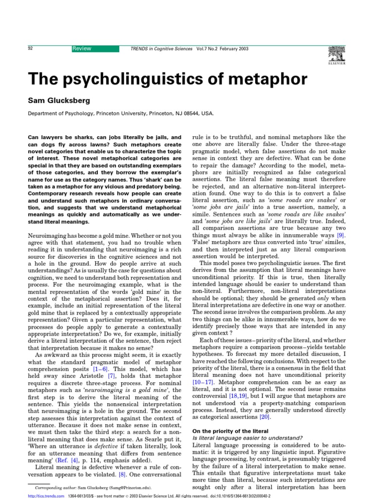 Understanding Metaphor: Examining the Psycholinguistic Processes ...