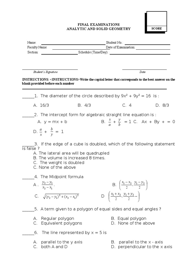 Algebra Exam | PDF | Line (Geometry) | Ellipse