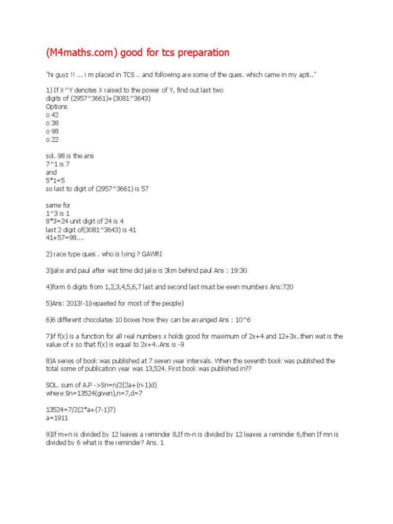 Tcs Questions | PDF | Mathematical Problem Solving | Teaching Mathematics