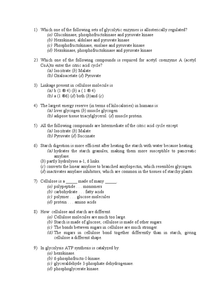 Biochemistry Test | PDF | Pyruvic Acid | Glycolysis