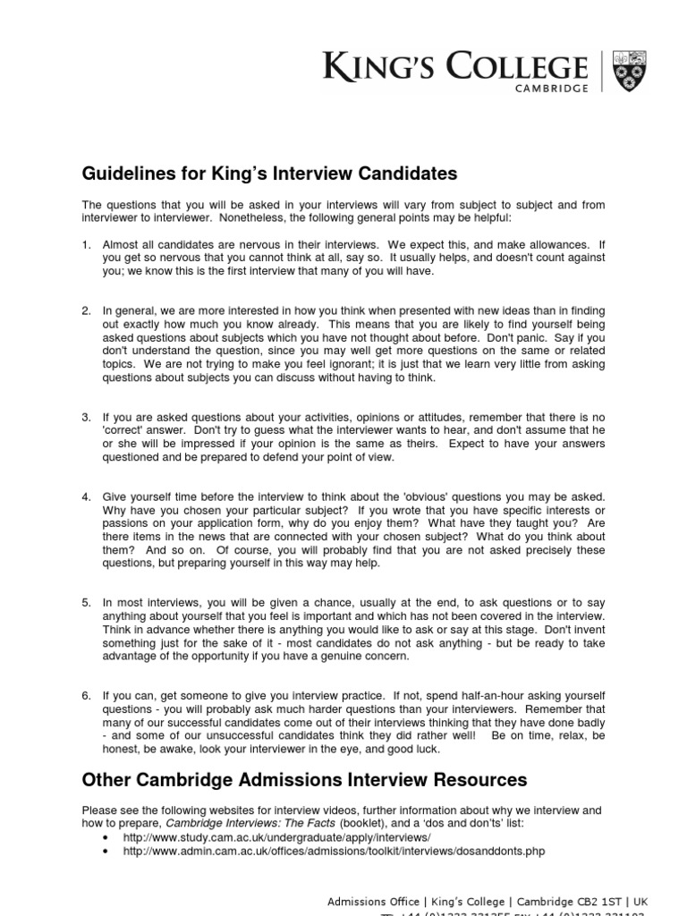 Interview Guidelines For King's College, Cambridge | PDF | Interview ...