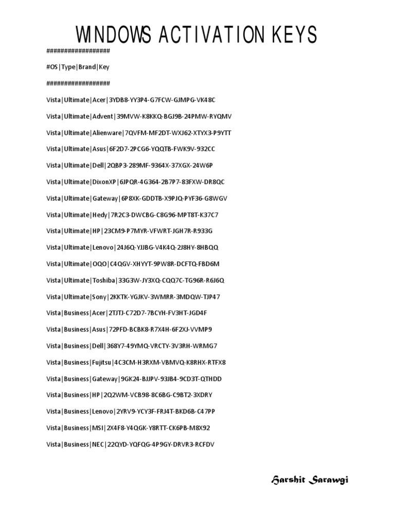 Vista Ultimate Activation Keys List | PDF | Computing Platforms | X86 ...