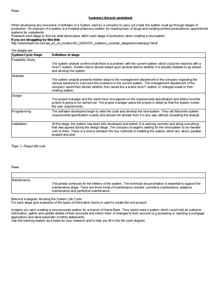 Systems Life Cycle Worksheet | Download Free PDF | Project Management ...