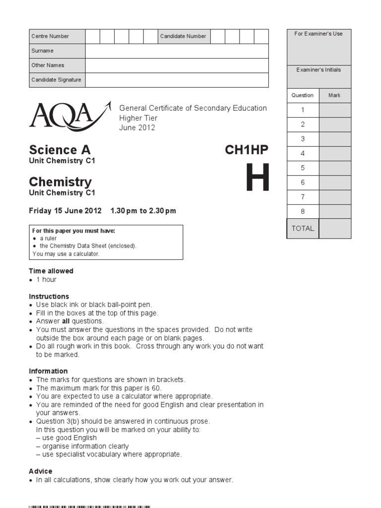 AQA Chemistry GCSE Unit 1 Question Paper June 12 | PDF | Titanium | Helium