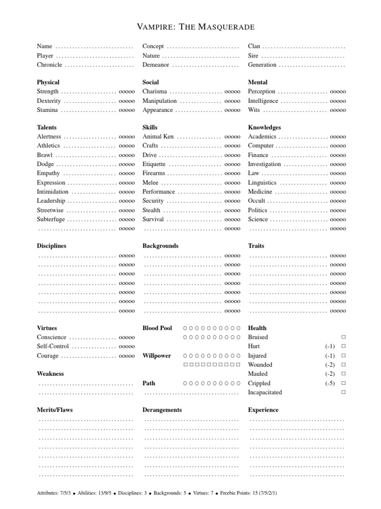 Vampire: The Masquerade Character Sheet | PDF | Psychology ...