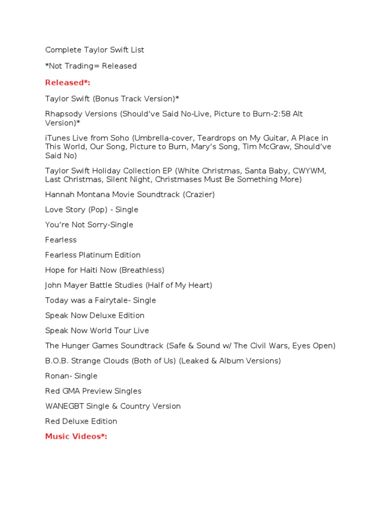 Complete List of Taylor Swift Songs | PDF | Music Industry | Musical Groups