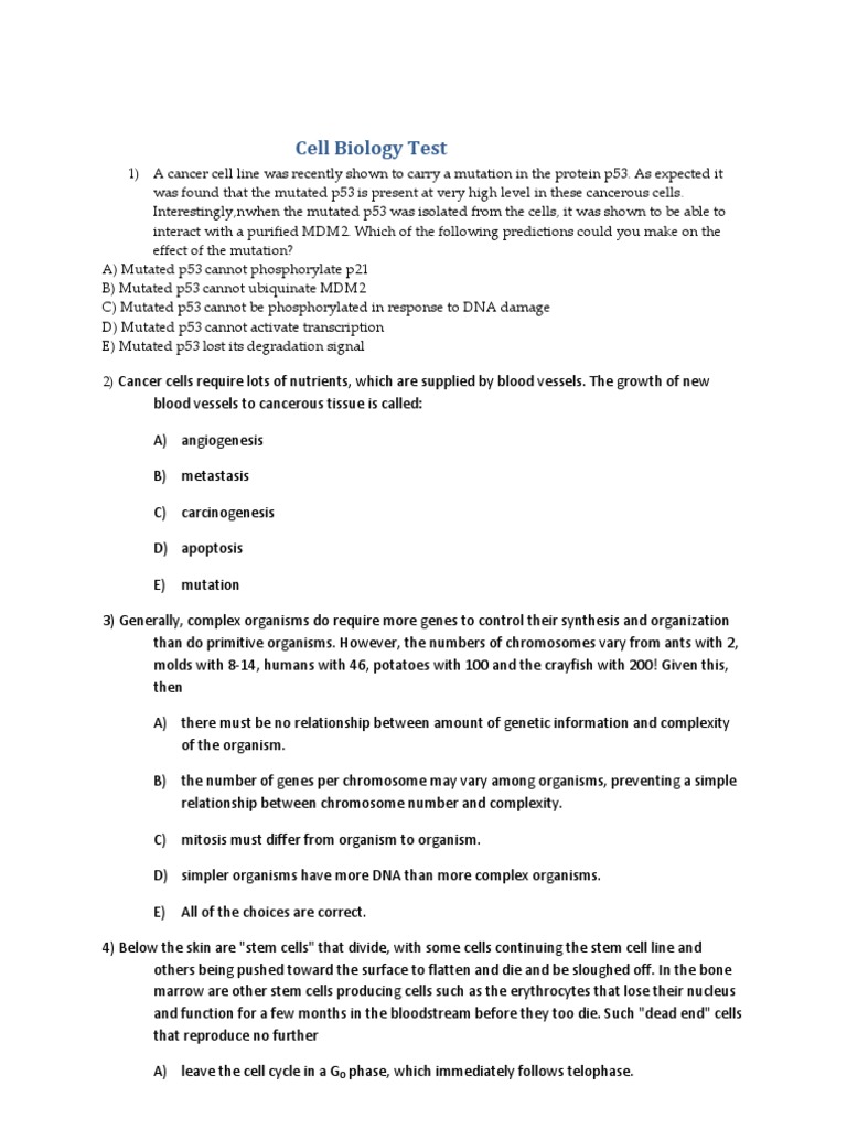 Cell Biology Test | PDF | Mitosis | Cell Biology