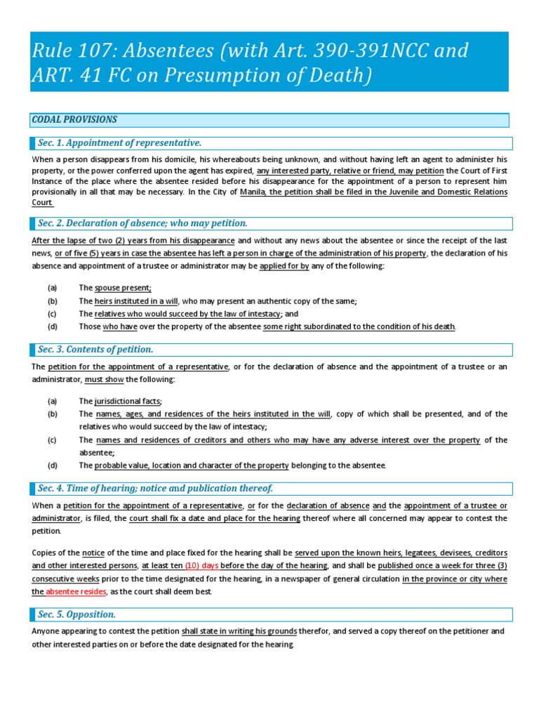 Rule 107 Absentees | Intestacy | Will And Testament