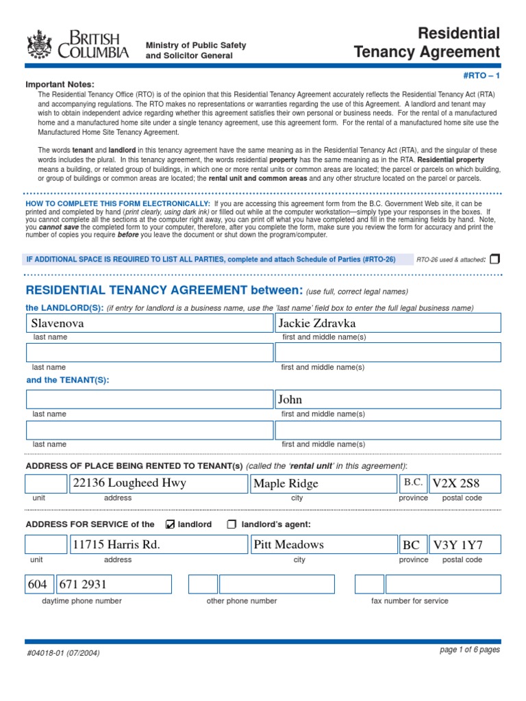 Tenancy Agreement British Columbia | PDF | Leasehold Estate | Landlord
