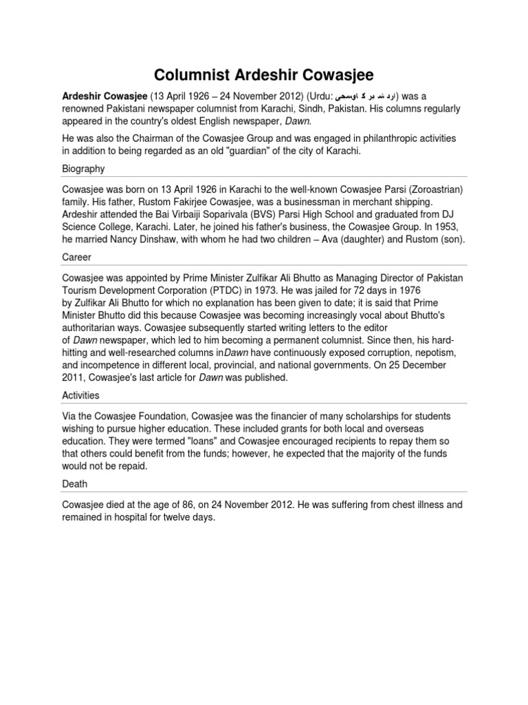 Columnist Ardeshir Cowasjee | PDF | Pakistan | Newspaper And Magazine