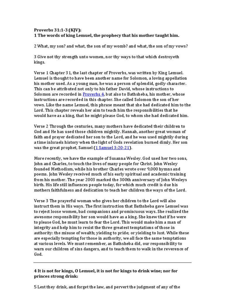 Proverbs 31 1 3 Kjv 1 The Words Of King Lemuel The Prophecy That