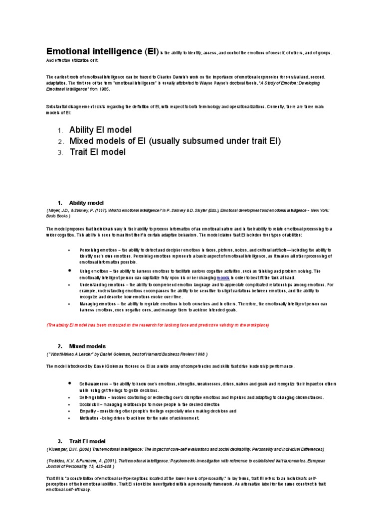 Emotional Intelligence (EI) : Ability EI Model Mixed Models of EI ...