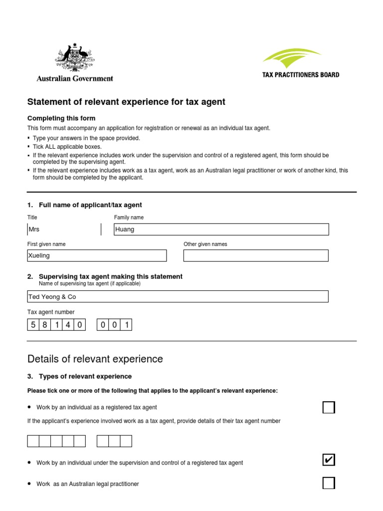Statement of Relevant Experience For Tax Agent | PDF | Taxes | Payments