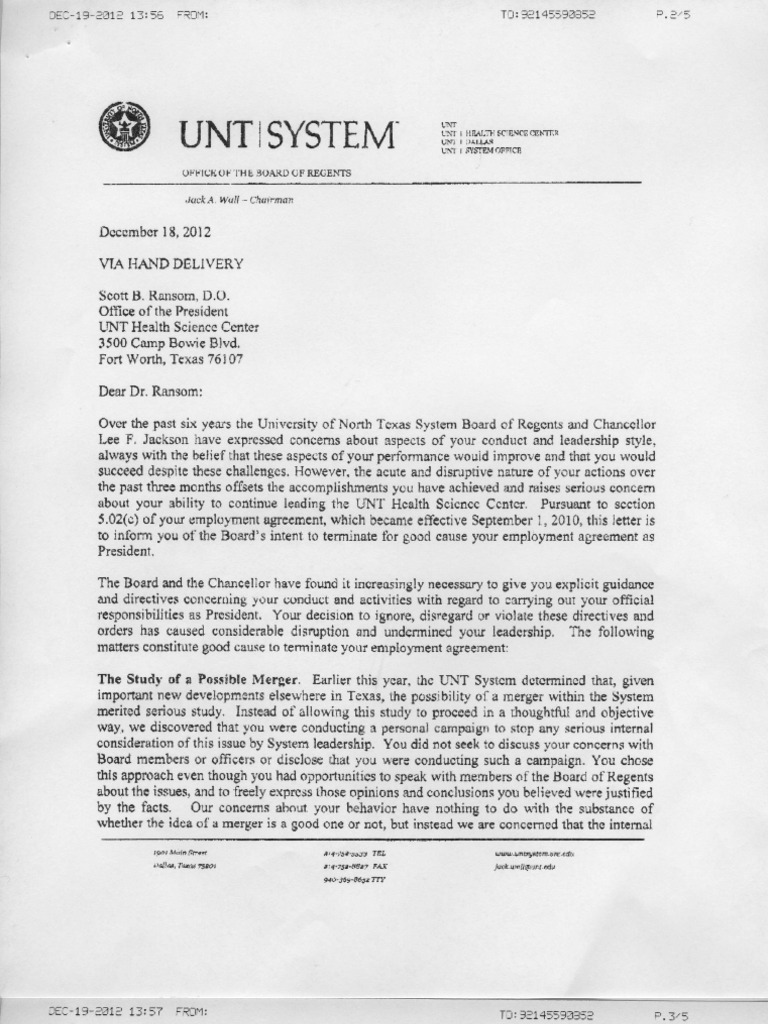 UNT System Firing Letter To UNTHSC President Scott Ransom | PDF