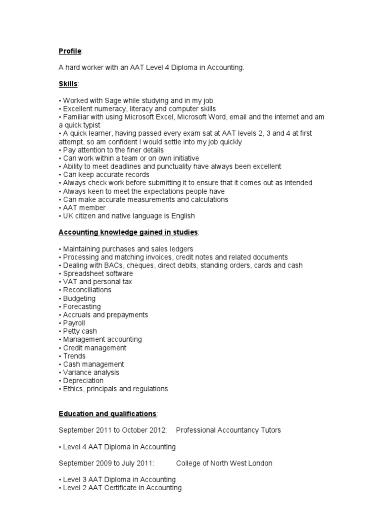 AAT Level 4 Accountant CV Summary | PDF | Cheque | Accounting