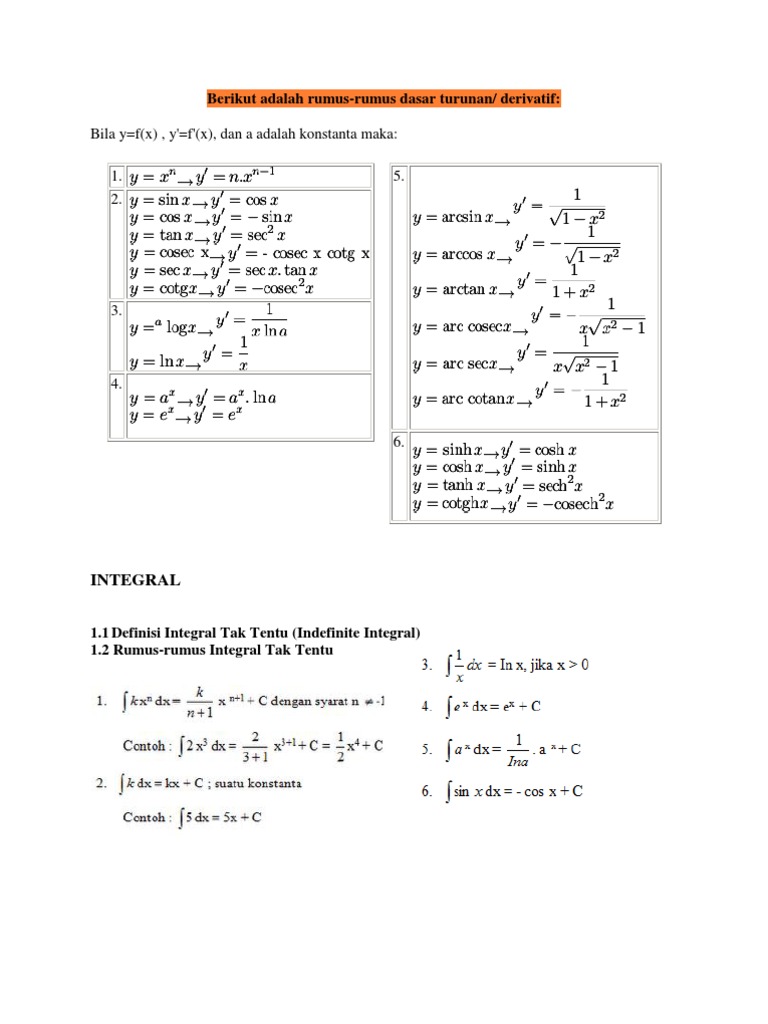 Berikut Adalah Rumus Integral, Diferensial Dan Trigonometri | PDF ...