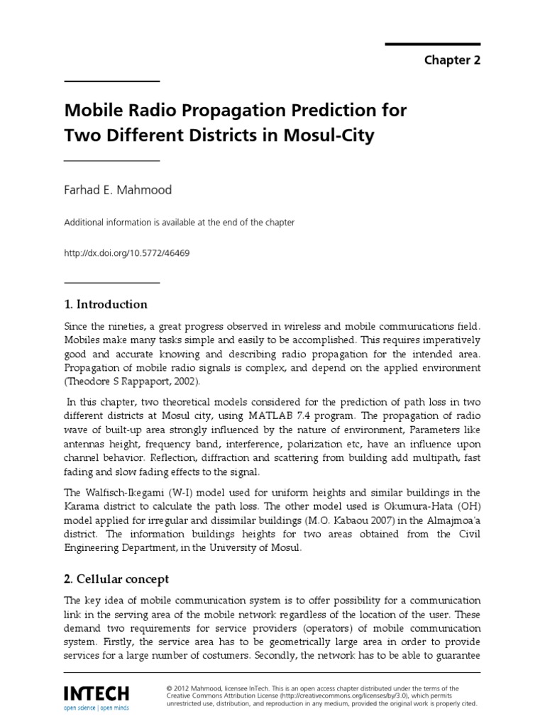 Mobile Radio Propagation Prediction For Two Different Districts In Mosul City Pdf Radio