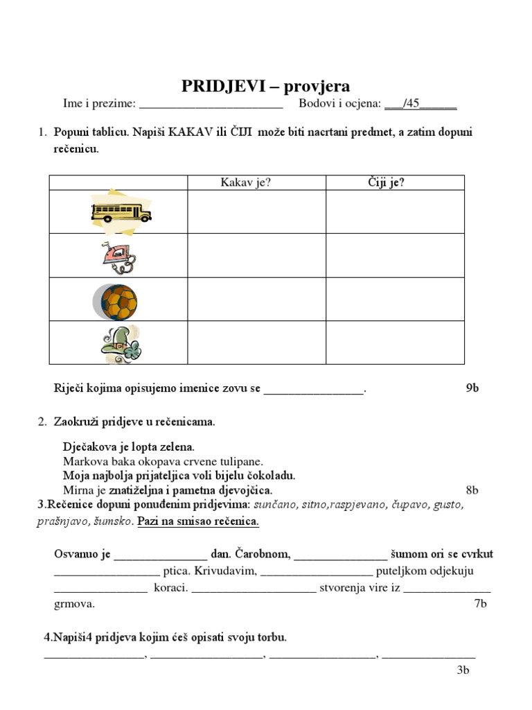 PRIDJEVI – provjera: prašnjavo, šumsko. Pazi na smisao rečenica