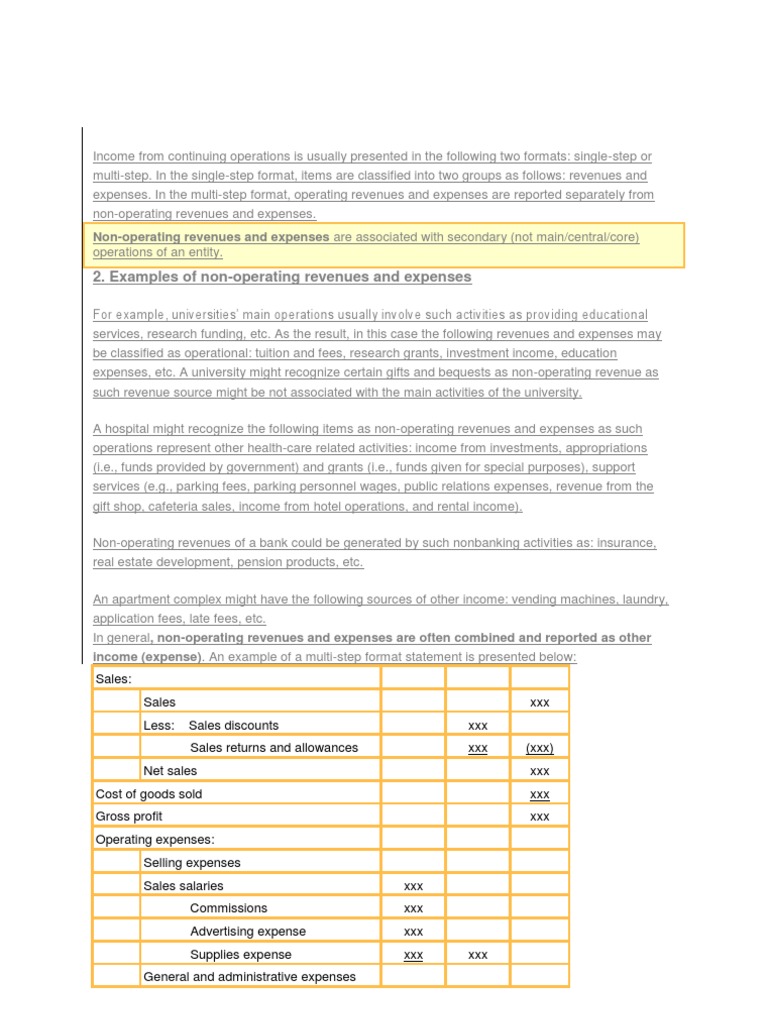 Examples of Non-Operating Revenues and Expenses | PDF | Revenue ...
