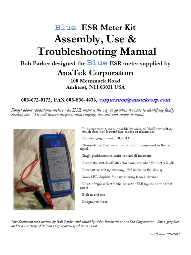 Assembly, Use & Troubleshooting Manual: ESR Meter Kit | PDF | Printed ...