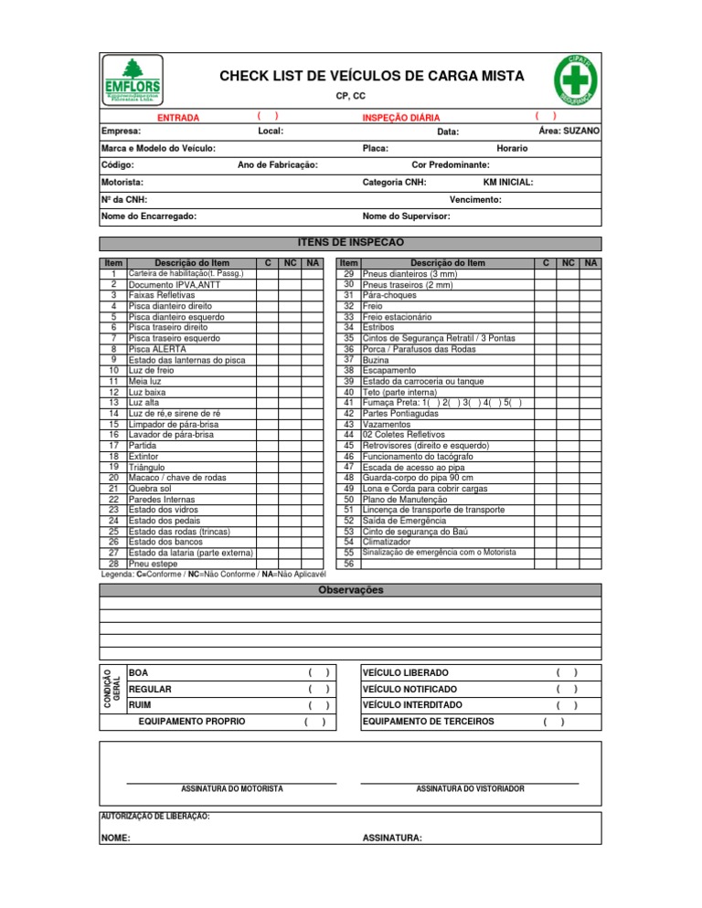 check List de veículos de carga mista