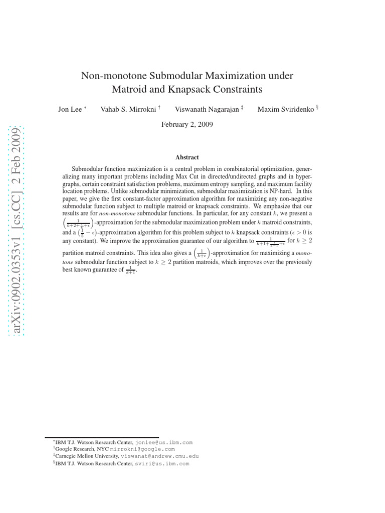 Non-Monotone Submodular Maximization Under Matroid and Knapsack Constraints | PDF | Time ...