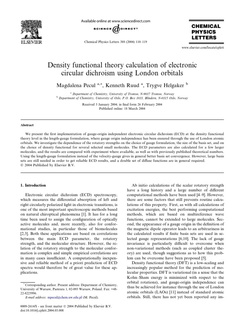 Density Functional Theory Calculation of Electronic Circular Dichroism ... Density Functional Theory Calculation of Electronic Circular Dichroism ...