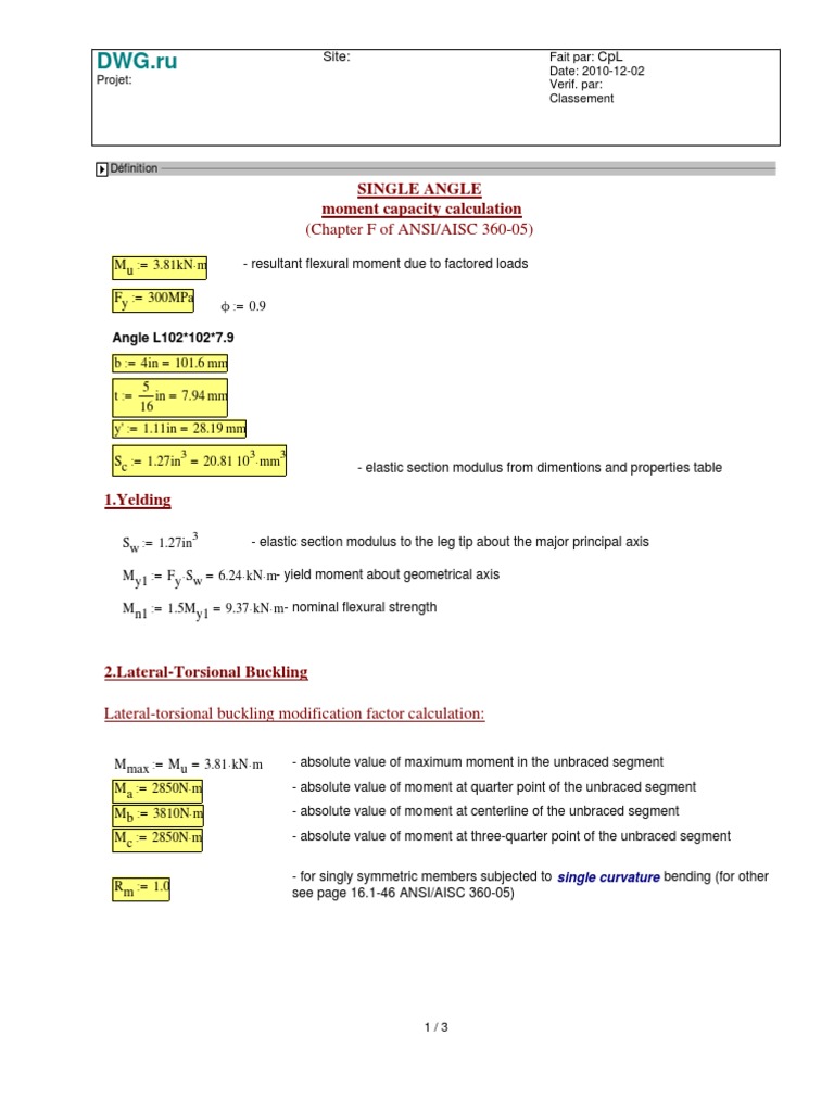 Single Angle Moment Capacity Calculation | PDF | Multiplication | Buckling