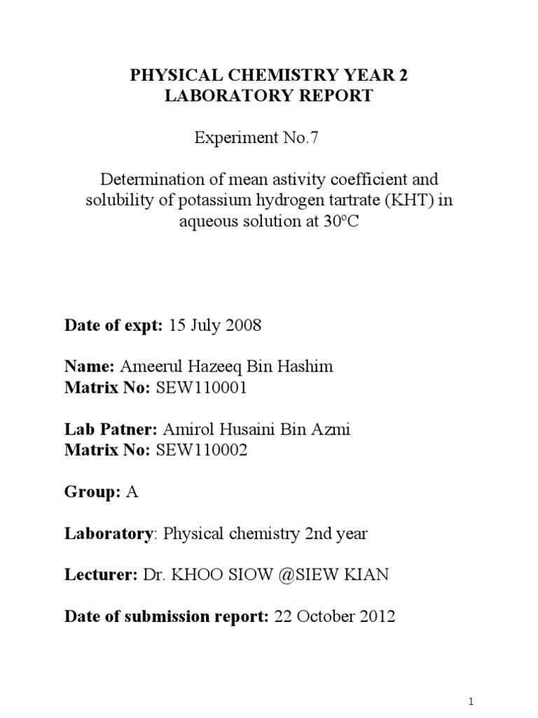 Determination of Mean Astivity Coefficient and Solubility of Potassium Hydrogen Tartrate (KHT ...