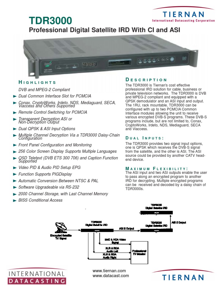 IDC Tiernan TDR 3000 Receiver Brochure | PDF | Satellite Television | Video
