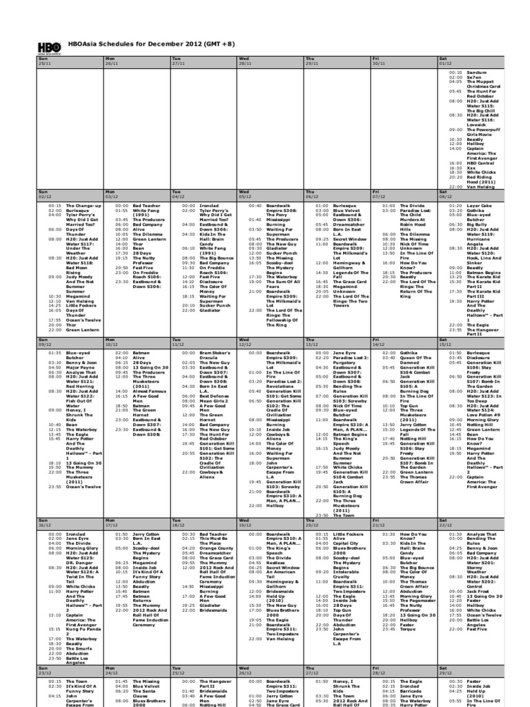 Hboasia Schedules For December 2012 (GMT +8) | PDF | Leisure
