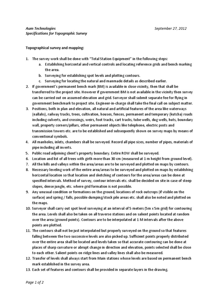 Topographical Survey Specifications | PDF | Surveying | Contour Line