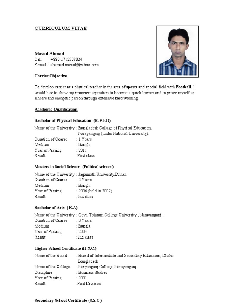 A Career in Football: Curriculum Vitae of Masud Ahmad | PDF ...