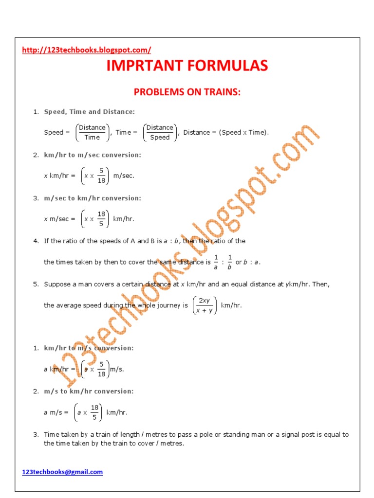Imprtant Formulas: Problems On Trains | PDF | Teaching Methods & Materials